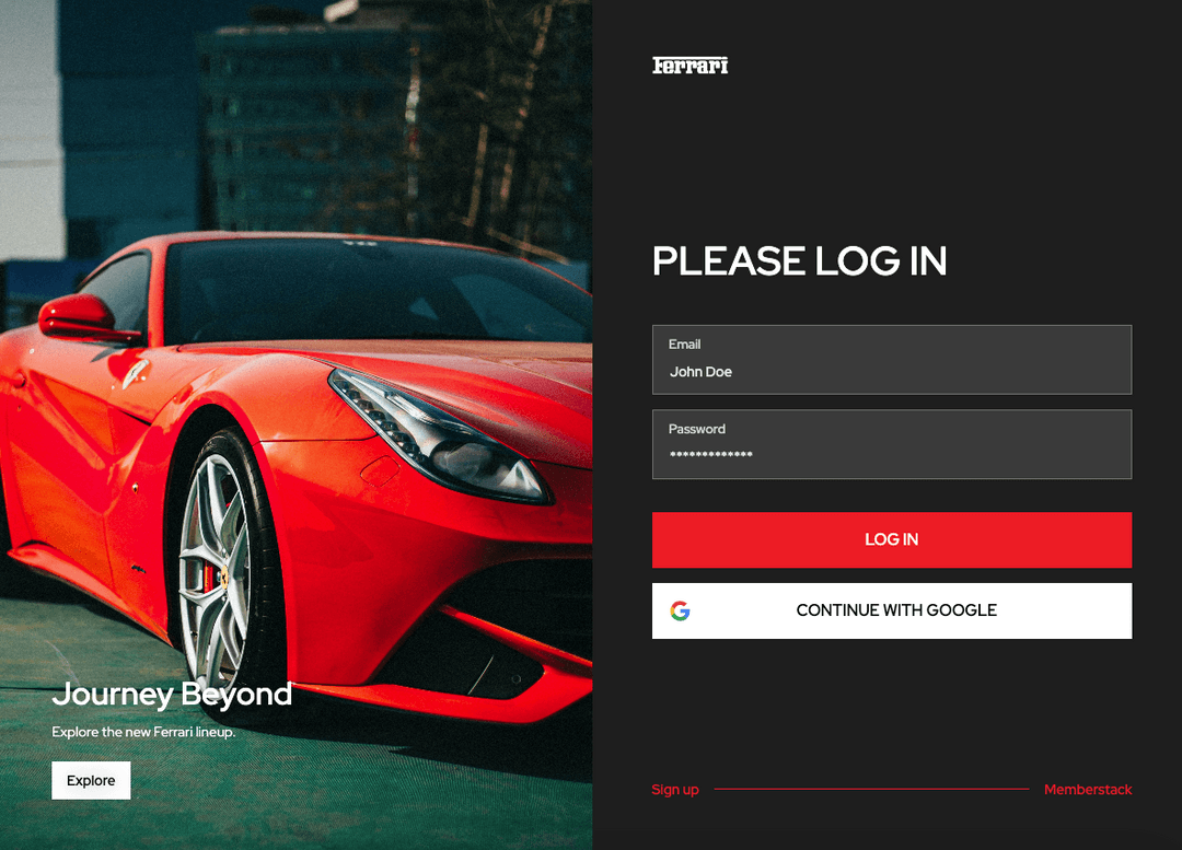 Ferrari Log In Screen | Free Webflow Component